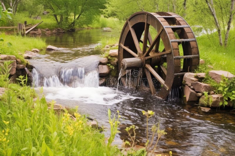 Water Wheel Powered by Flowing Stream on a Farm Stock Image - Image of ...