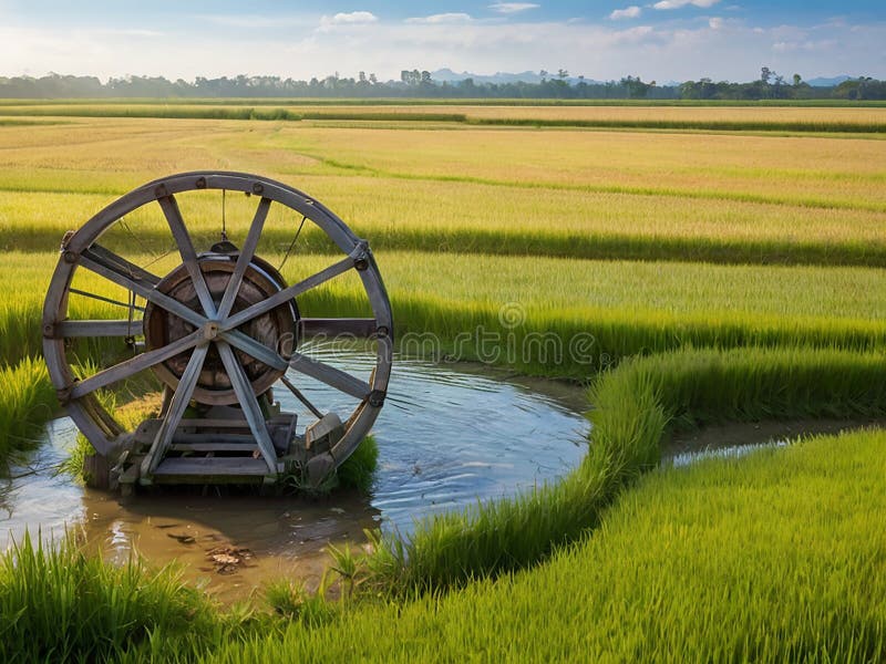 A Water Wheel on a Rice Field Stock Illustration - Illustration of ...