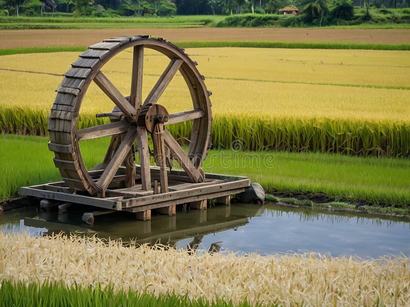 A Water Wheel on a Rice Field Stock Illustration - Illustration of ...