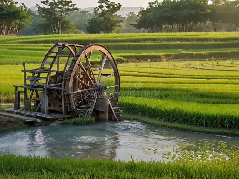 A Water Wheel on a Rice Field Stock Illustration - Illustration of ...