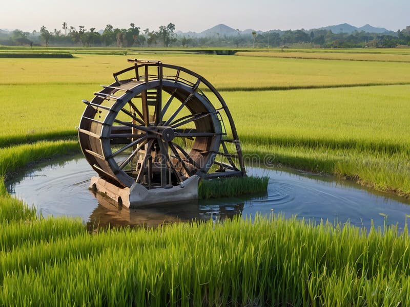 A Water Wheel on a Rice Field Stock Illustration - Illustration of ...