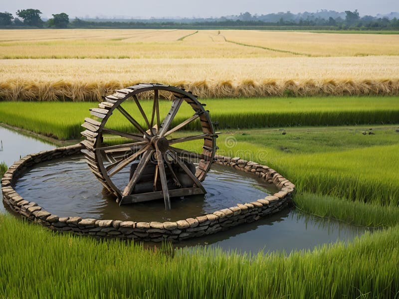 A Water Wheel on a Rice Field Stock Illustration - Illustration of ...