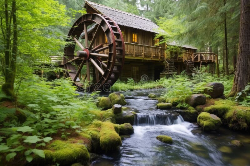Water Wheel Rotating Next To a Forest Lodge Stock Image - Image of ...