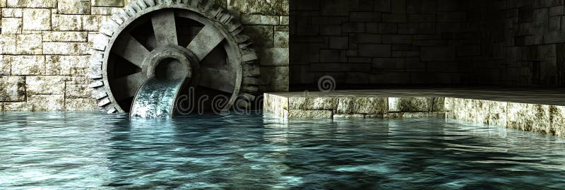 A Water Wheel in a Stone Structure with Water Flowing into a Pool of ...