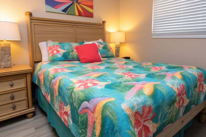 Waterbed with Colorful Sheets and Sea-themed Decor Stock Image - Image ...