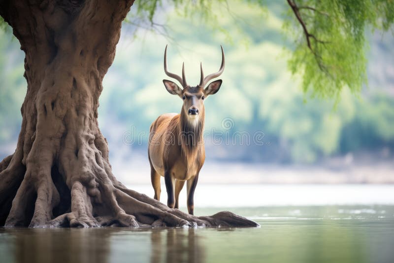 Waterbuck Standing Under Riverine Tree Shade Stock Image - Image of ...