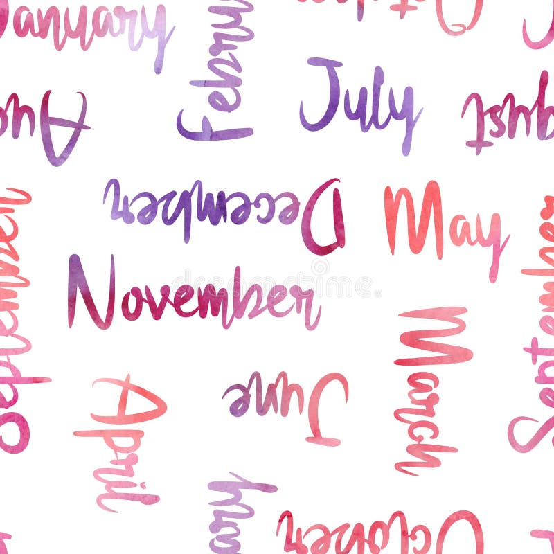 Seamless Pattern with Watercolor Lettering of Month Names. Stock Vector ...