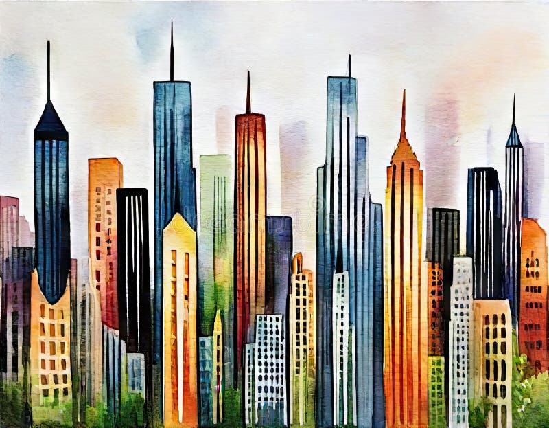 Watercolor of Abstract Cityscape Stock Illustration - Illustration of ...