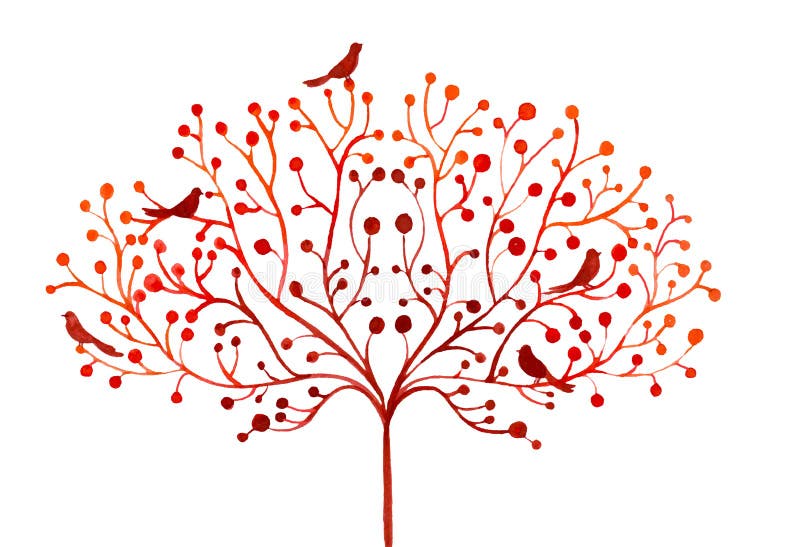 Watercolor Abstract Illustration of Stylized Autumn Tree and Birds ...