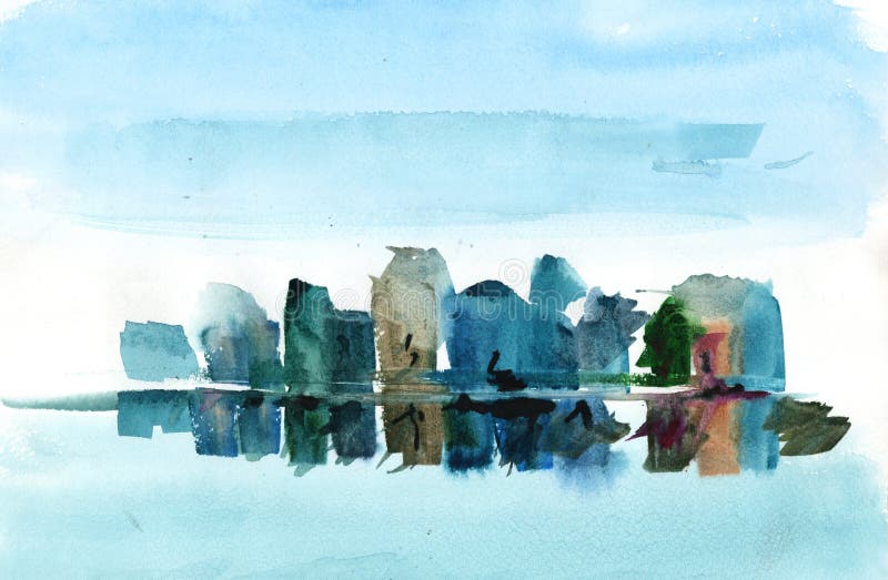 Watercolor Abstract Landscape Drawing. Trees are Reflected in the Lake ...