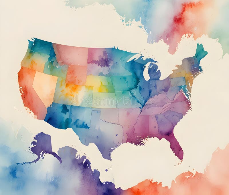 Watercolor Abstract Unique Map of USA Stock Illustration - Illustration ...