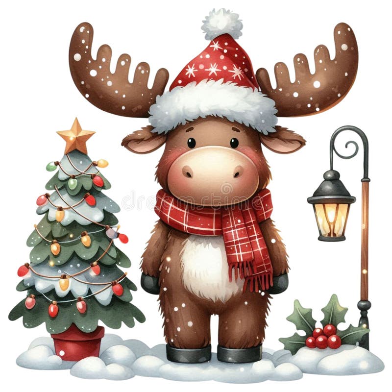 Watercolor Adorable Christmas Moose with Christmas Tree Stock ...