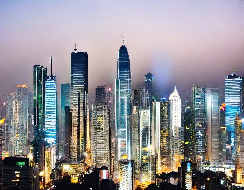 Watercolor of Ai Generadet City Skyline at Night Stock Illustration ...