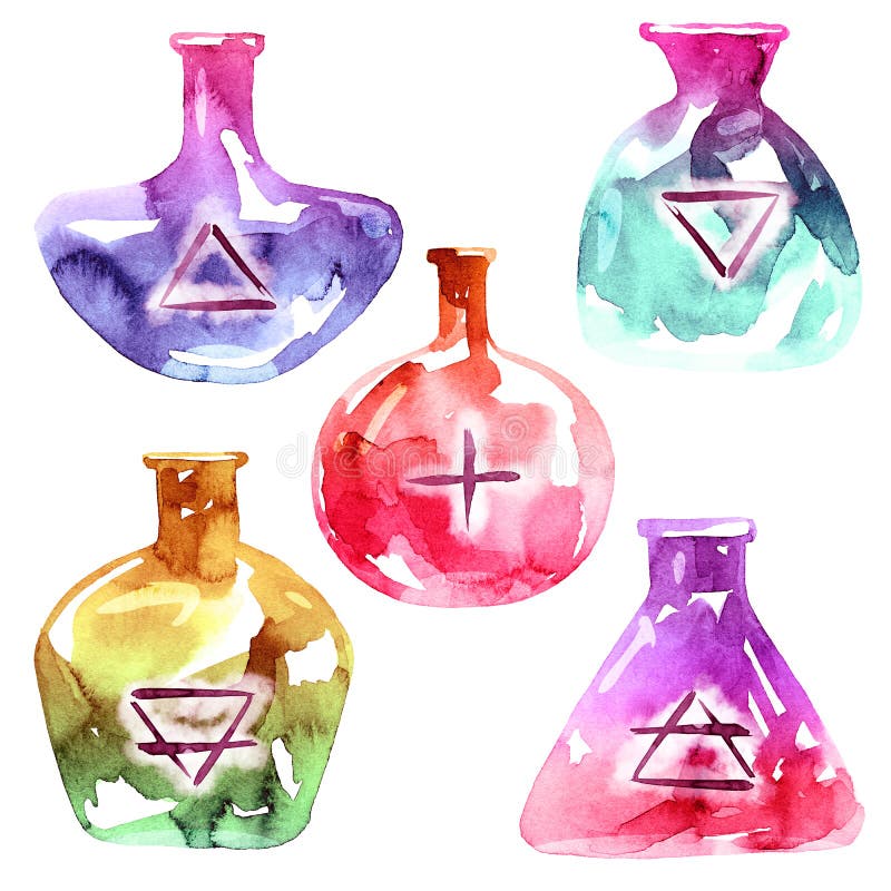 Watercolor alchemy bottles stock illustration. Illustration of elixir ...
