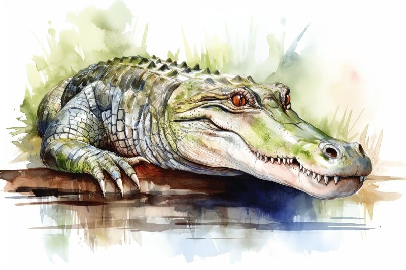 Watercolor Alligator in the Swamp Illustration, Generative AI Stock ...