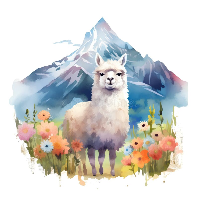 Watercolor Alpaca on the Background of Mountains and Flowers. Stock ...