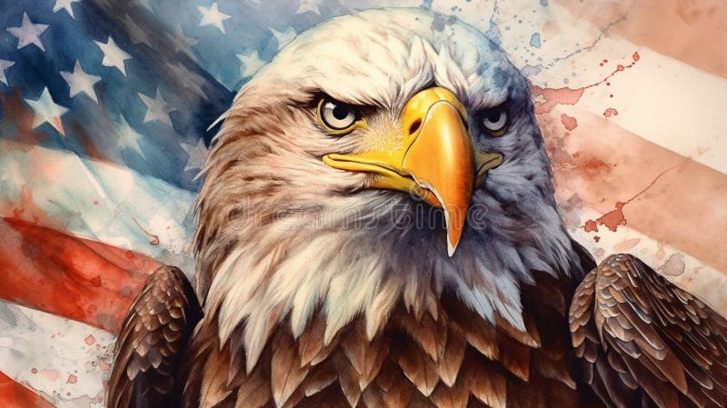 Majestic Watercolor of American Bald Eagle Over an American Flag ...