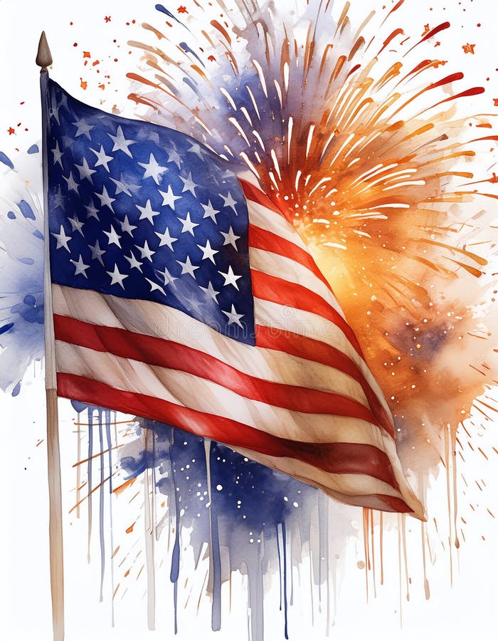 Watercolor American Flag Waves Under Fireworks Stock Illustration ...