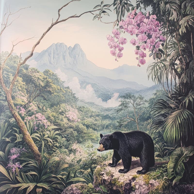 In a Watercolor, an Andean Bear is Shown Climbing through a Tree in ...