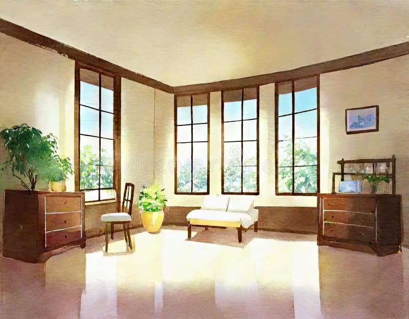Watercolor of an Anime Style Room with Glow Stock Illustration ...