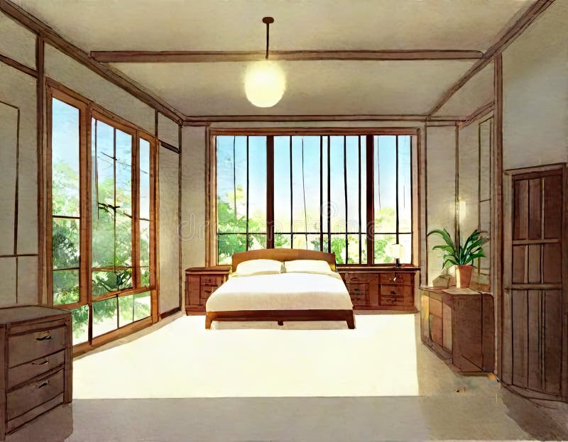 Watercolor of an Anime Style Room with Glow Stock Illustration ...