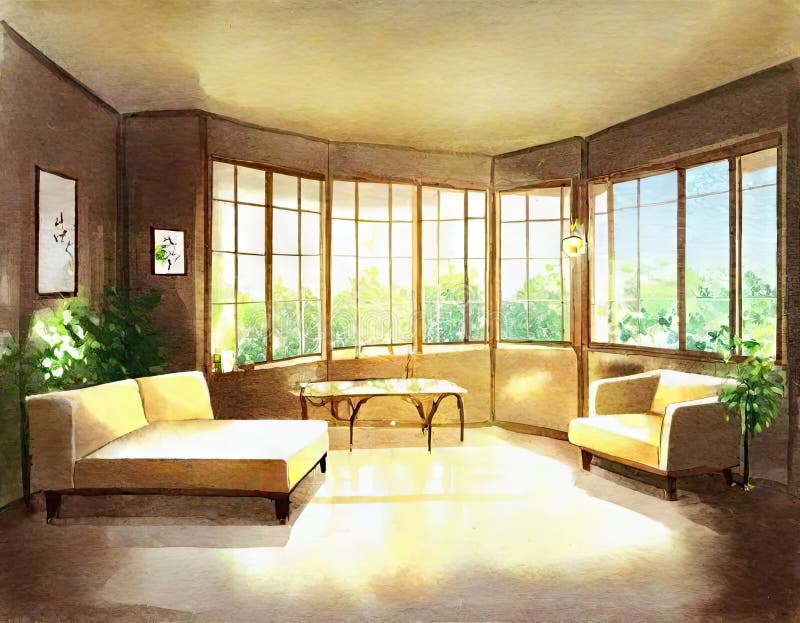 Watercolor of an Anime Style Room with Glow Stock Illustration ...