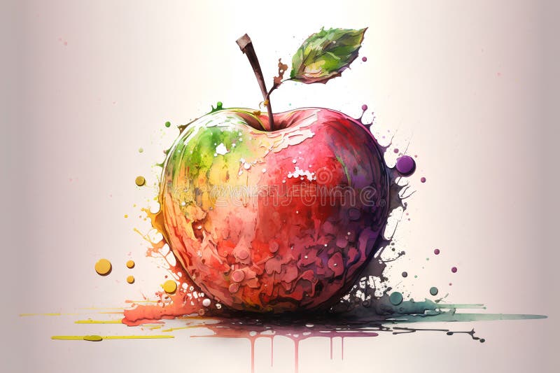 Watercolor Apple with Splashes and Drops of Paint. Vector Illustration ...