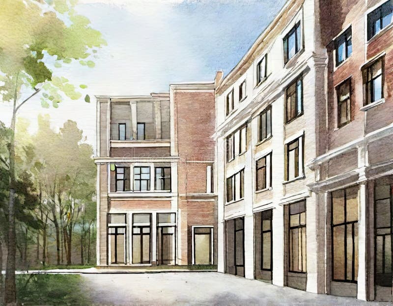 Watercolor of Architectural Rendering of Construction Stock ...