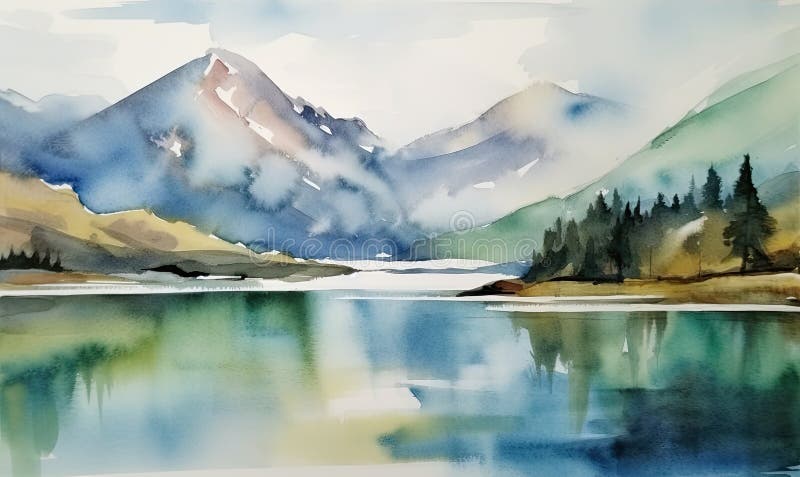 Watercolor Art of Alpine Mountains and Serene Lake Creating Using ...