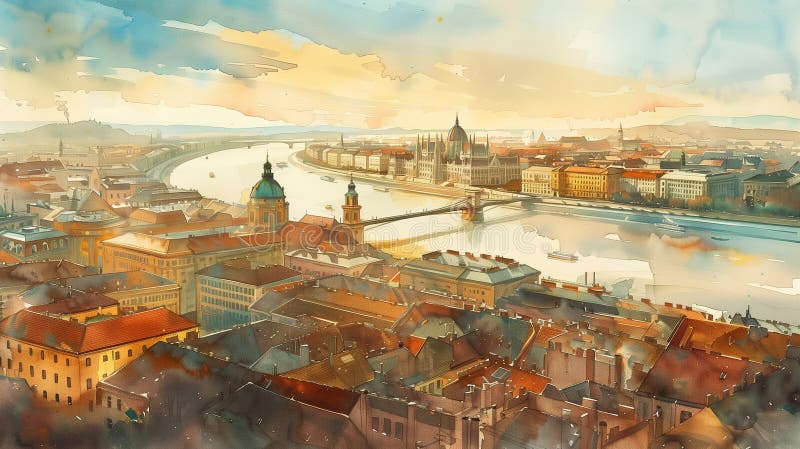 Watercolor Art, Budapest City, Hungary Stock Illustration ...