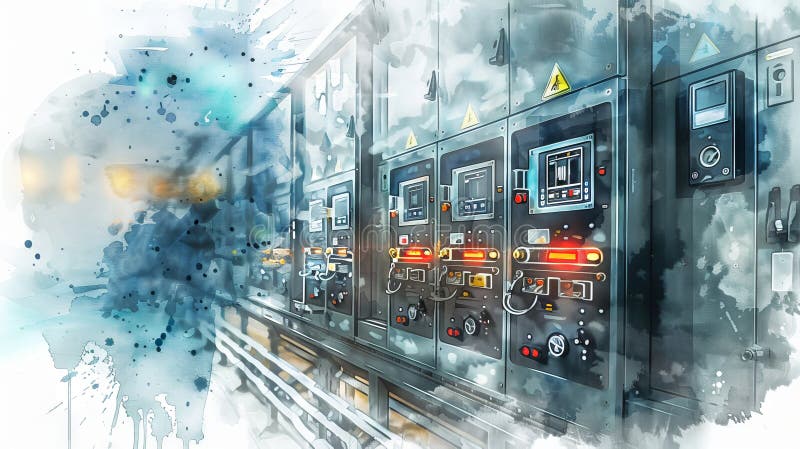 Watercolor Art of Clean Modern Electrical Control Panel with Various ...