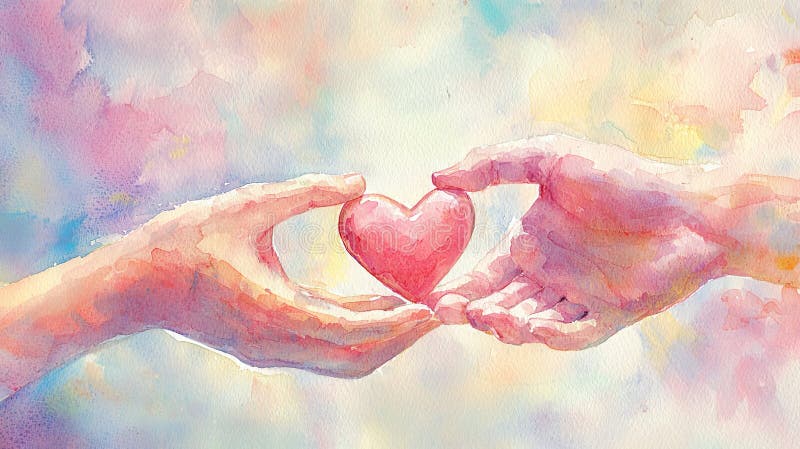 Watercolor Art of Hands Exchanging a Heart Shape, Symbolizing Love ...