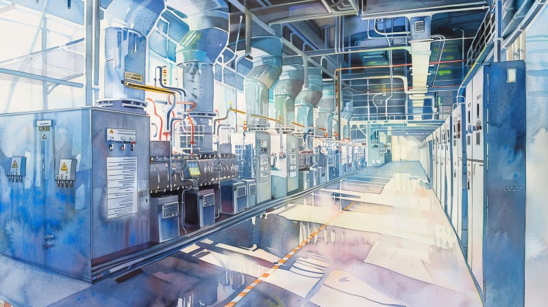 Watercolor Art of High Voltage Electrical Facility Interior Reflecting ...