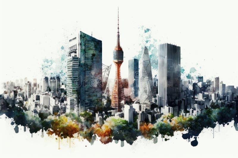 Watercolor Art of Modern City. Generative AI Stock Illustration ...