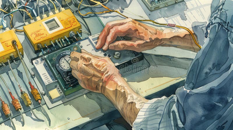 Watercolor Art of Technician S Hands Adjusting Controls on Complex ...