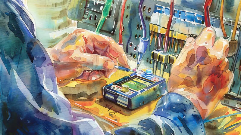 Watercolor Art of Technician S Hands Adjusting Controls on Complex ...