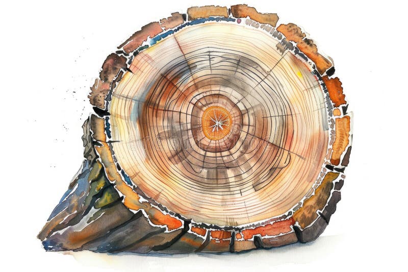 Watercolor Art of a Tree Stump with Rustic Texture and Natural Colors ...