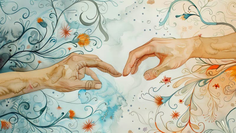 Watercolor Art of Two Hands Touching Amidst Floral Patterns, Concept of ...