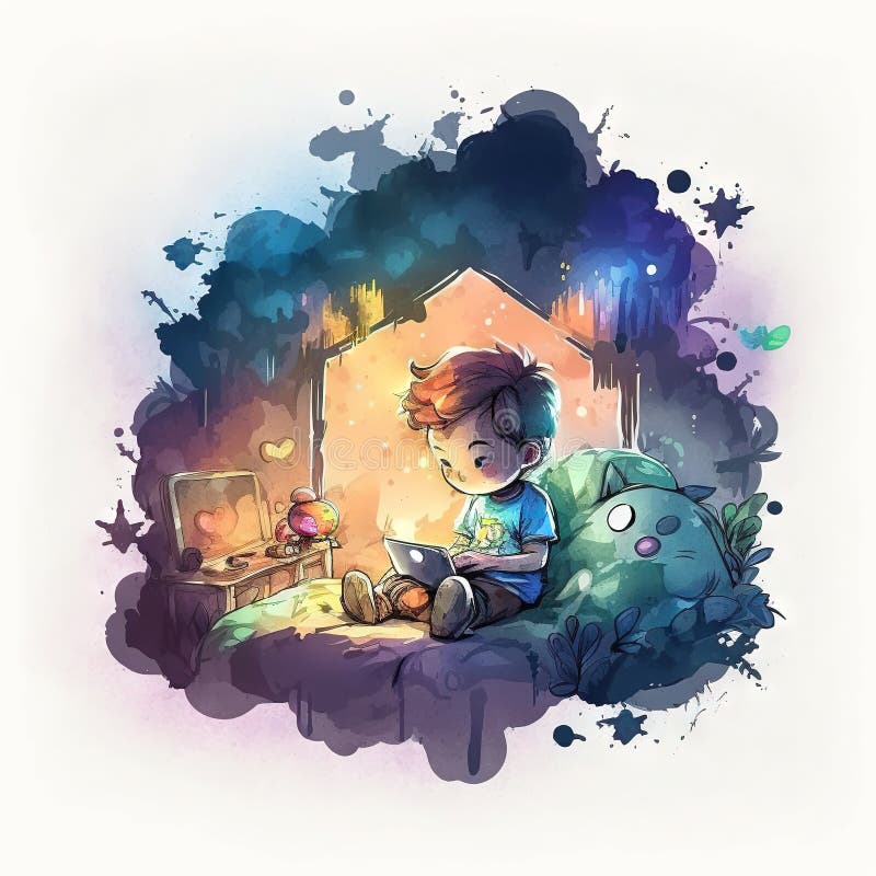 Watercolor Artwork Boy Playing Video Games Night Generative AI Stock ...