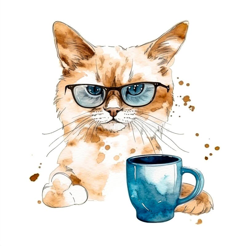 Watercolor Artwork of a Cat in Glasses, Delighting in a Coffee Break Ai ...