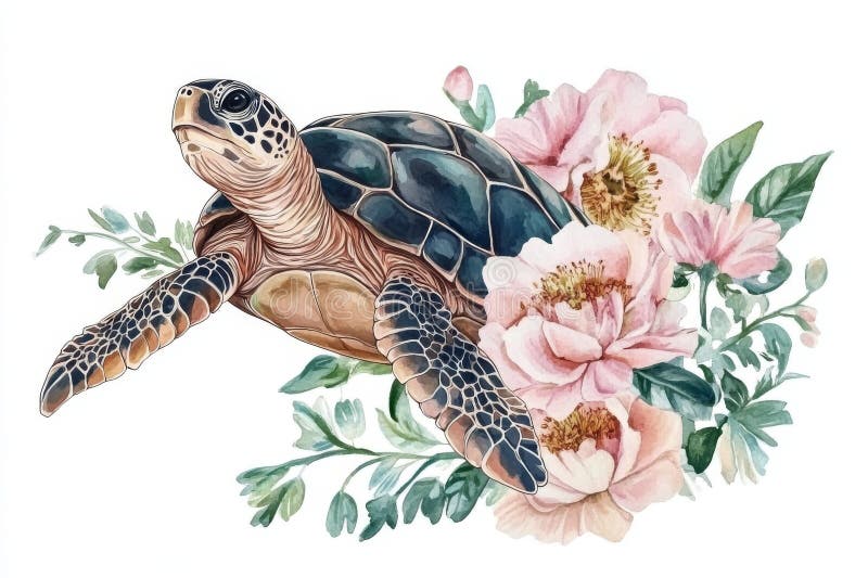 A Watercolor Artwork Featuring a Turtle in Flowers, Created in a Modern ...