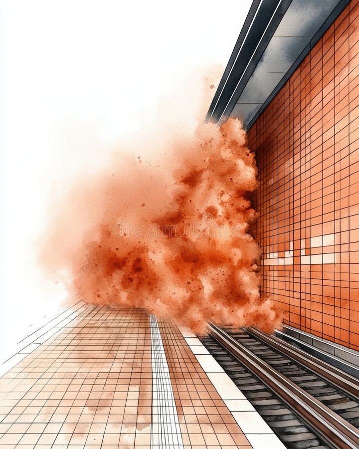 Watercolor Artwork of Train Station Platform with Abstract Explosion of ...