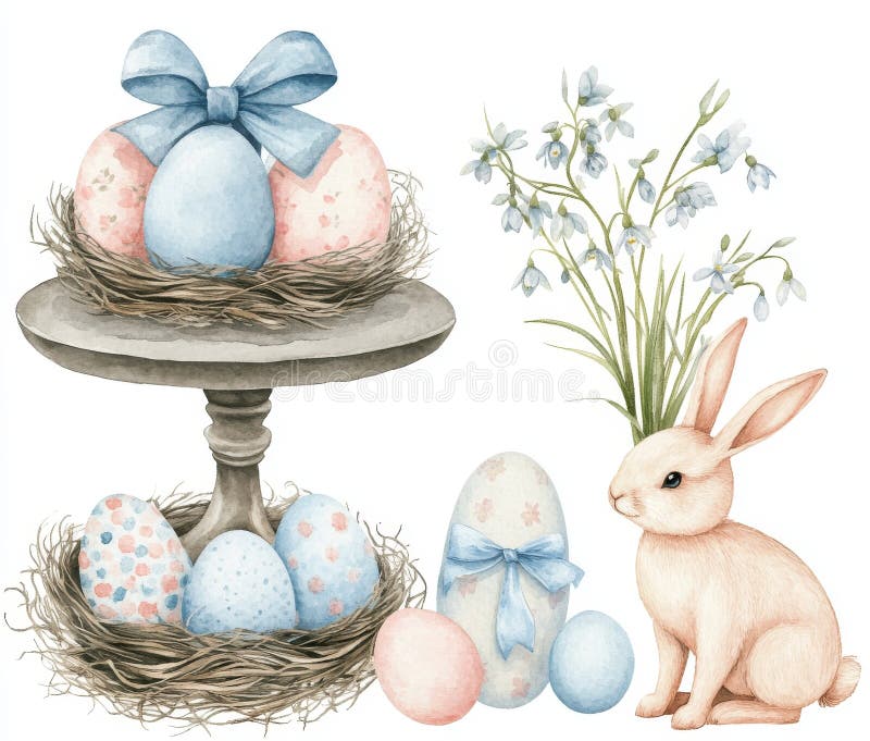 A Watercolor Assortment of Easter Elements Including Eggs, Snowdrops ...