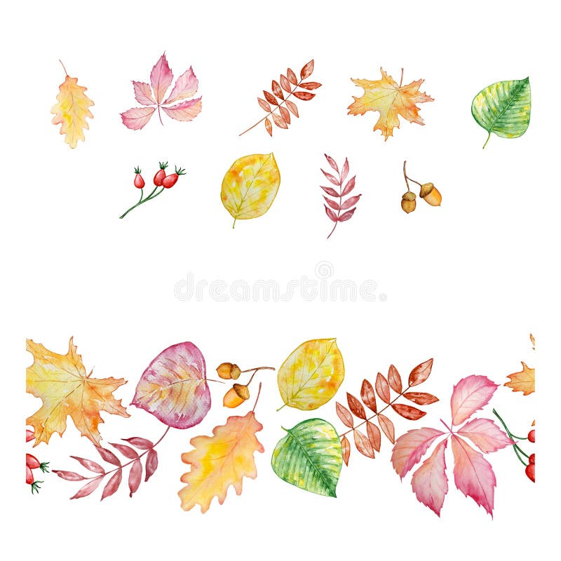 Watercolor Autumn Borders Set with Fall Leaves Stock Illustration ...