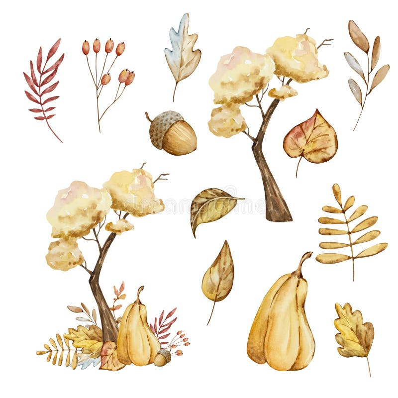 Watercolor Autumn Composition Tree, Pumpkin and Leaves Stock Vector ...