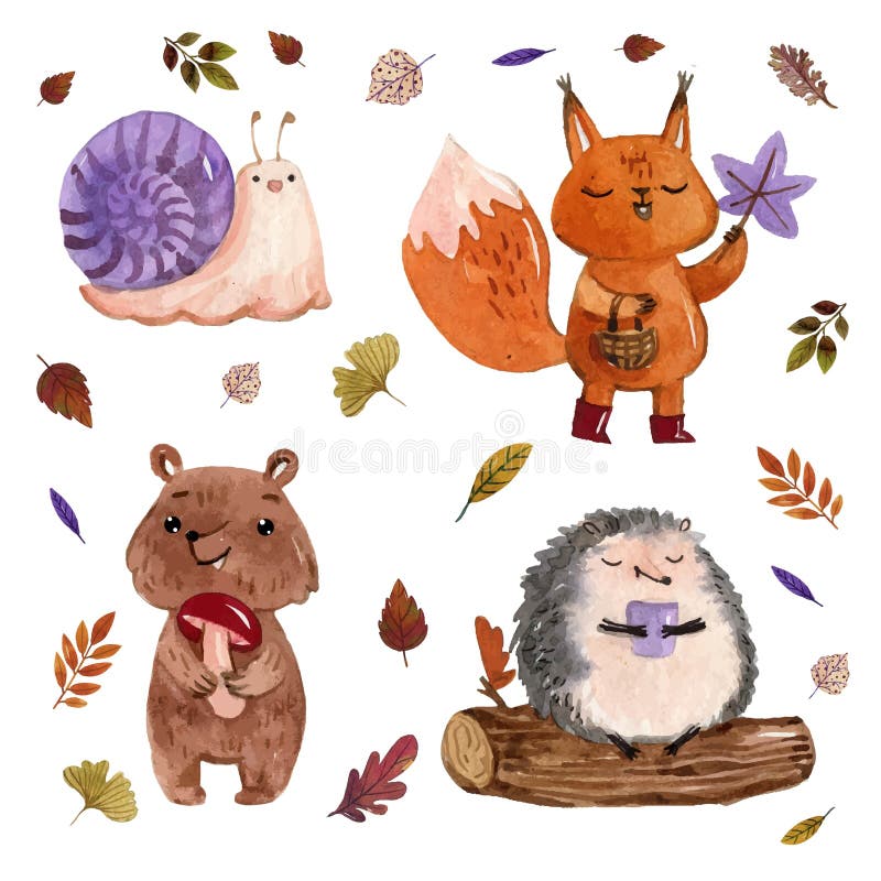 Watercolor Autumn Forest Animals Vector Illustration Stock Vector ...