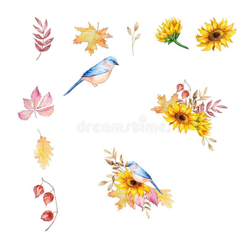 Watercolor Autumn Frame with Bird and Fall Leaves Stock Illustration ...
