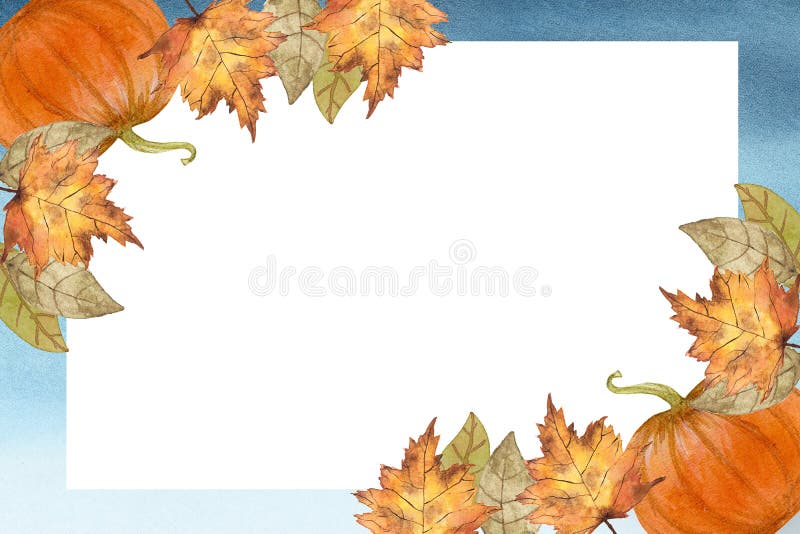 Watercolor Autumn Frame with Pumpkins and Fall Leaves Stock Photo ...