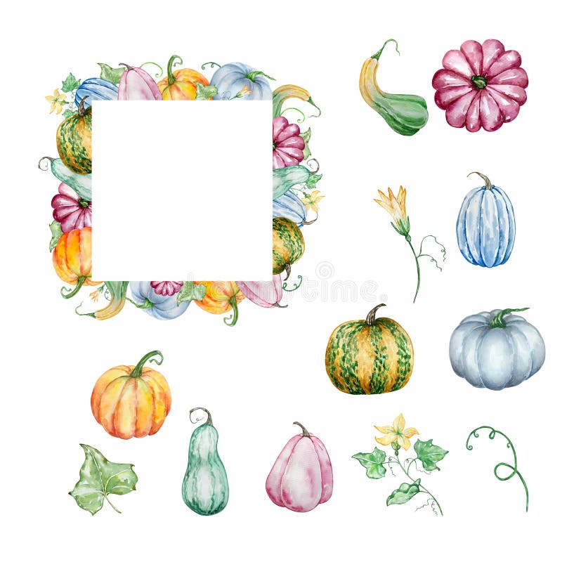 Watercolor Autumn Frame with Pumpkins and Fall Leaves Stock ...