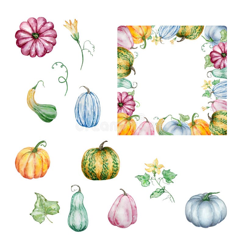 Watercolor Autumn Frame with Pumpkins and Fall Leaves Stock ...